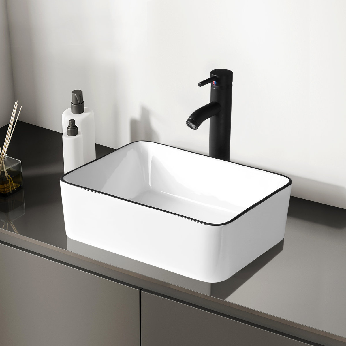 organnice Black/White Ceramic Rectangular Vessel Bathroom Sink with ...