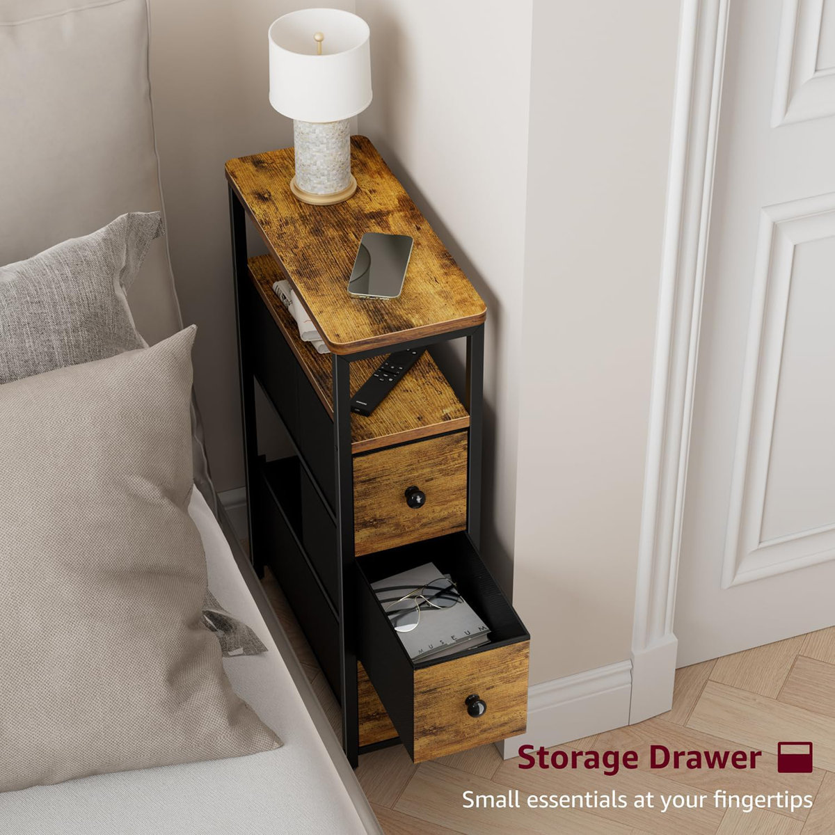 17 Stories Night Stand Set 2 - Skinny Nightstands With Drawers Slim ...