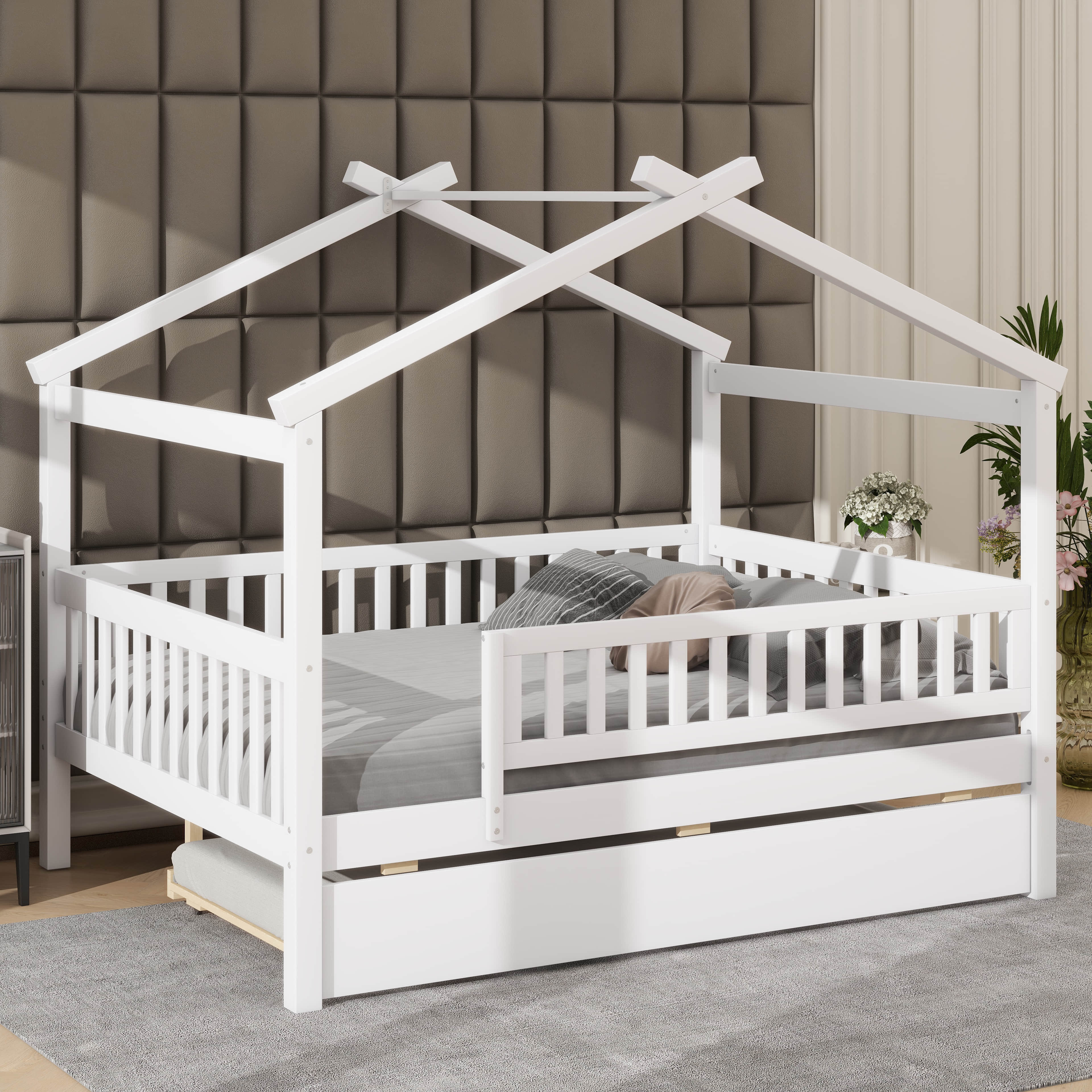 Harper Orchard Roomy Full-Sized Wooden House Bed With Built-In Pull-Out ...