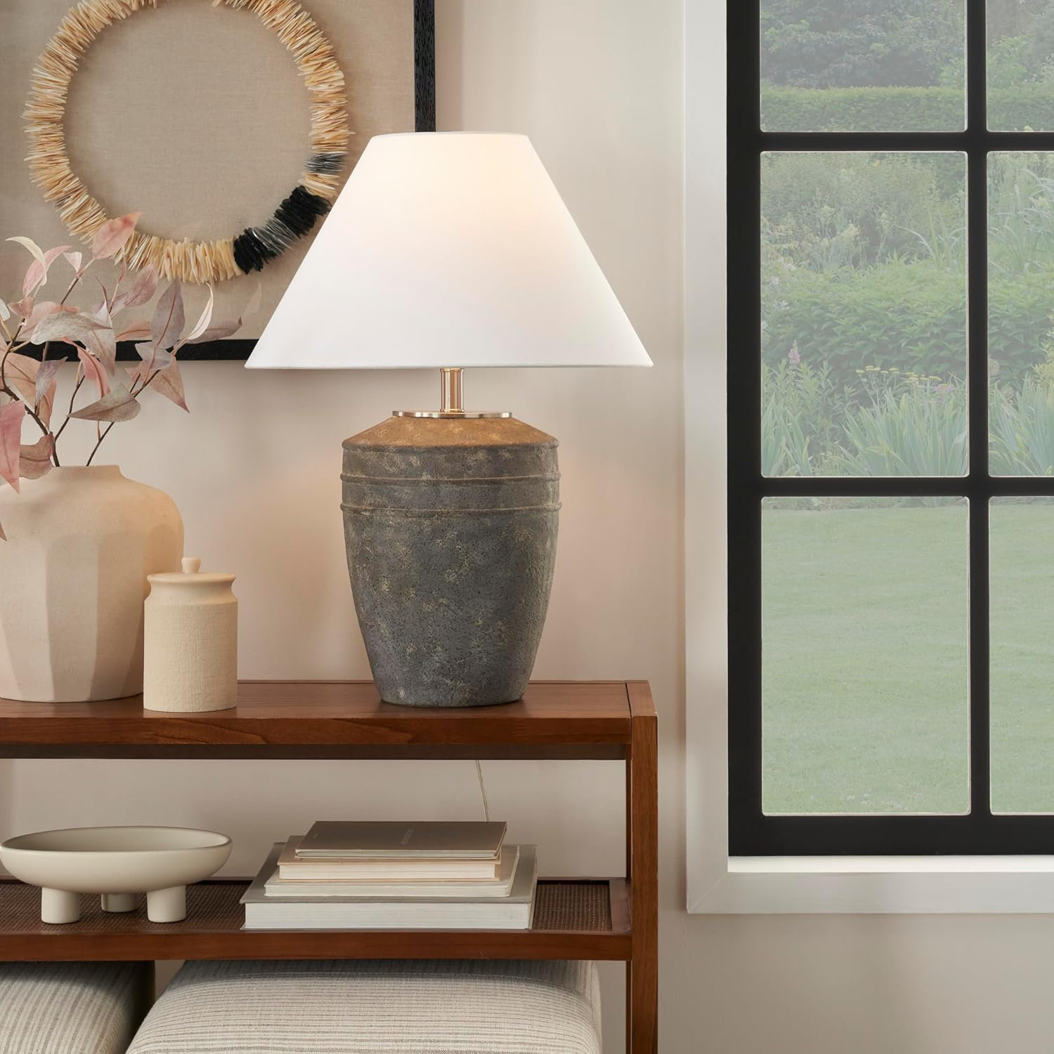 Orren Ellis Ceramic Textured Table Lamp With Empire Shade - Farmhouse ...