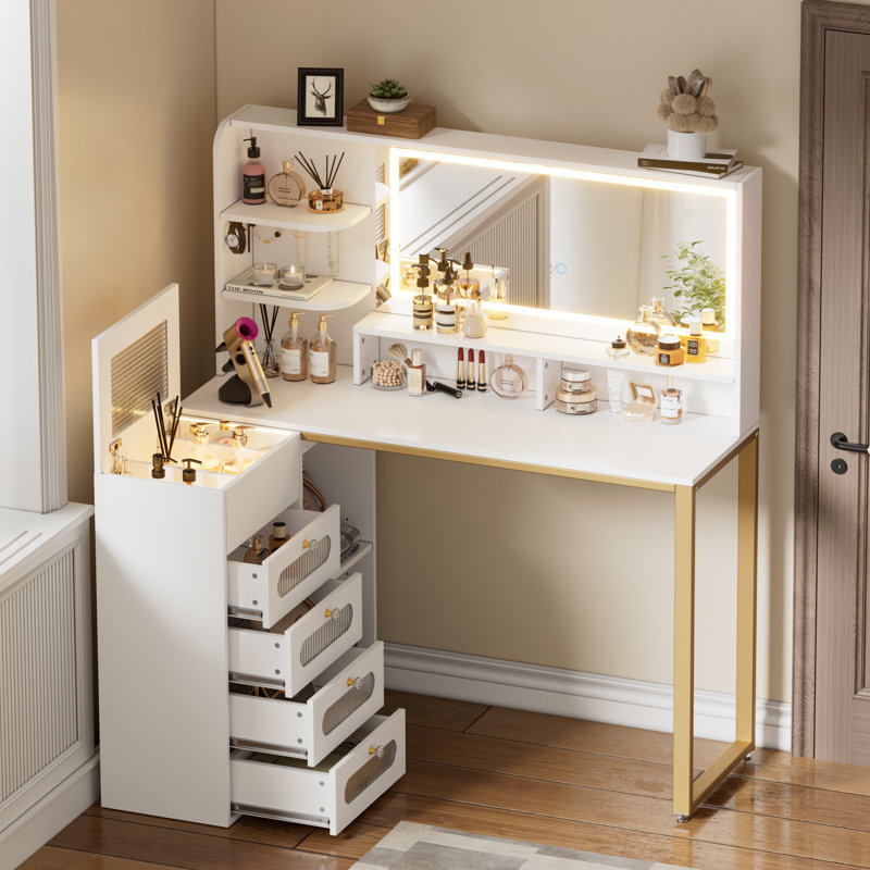 Mercer41 Vanity Desk With Mirror And Lights, Corner Makeup Vanity L ...