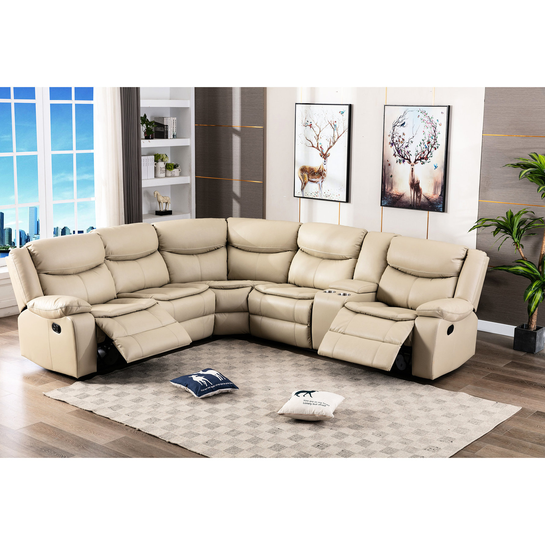 Hokku Designs Cream L Shape Reclining Leather Sectional With ...