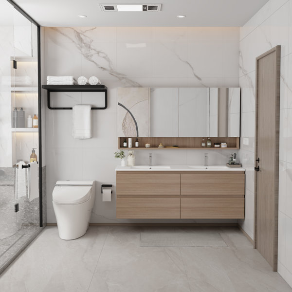 Latitude Run® 60" Double Bathroom Vaity with Ceramic Top Modern Wall ...