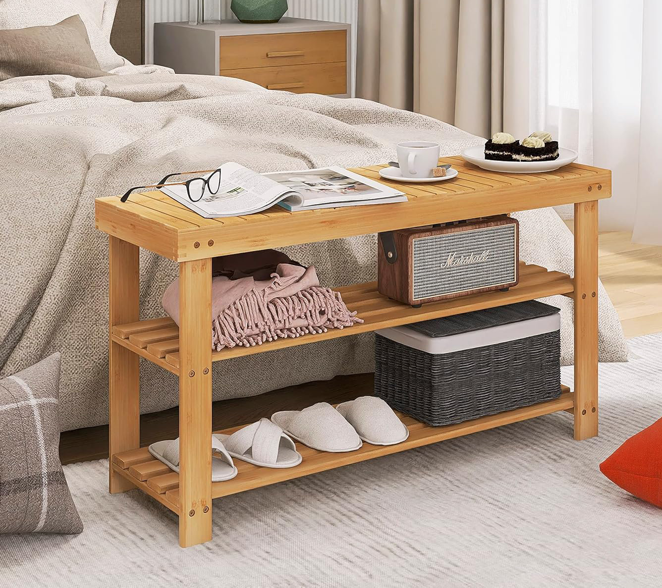 Latitude Run® Bamboo Shoe Rack Bench, 3-Tier Shoe Organizer Storage ...