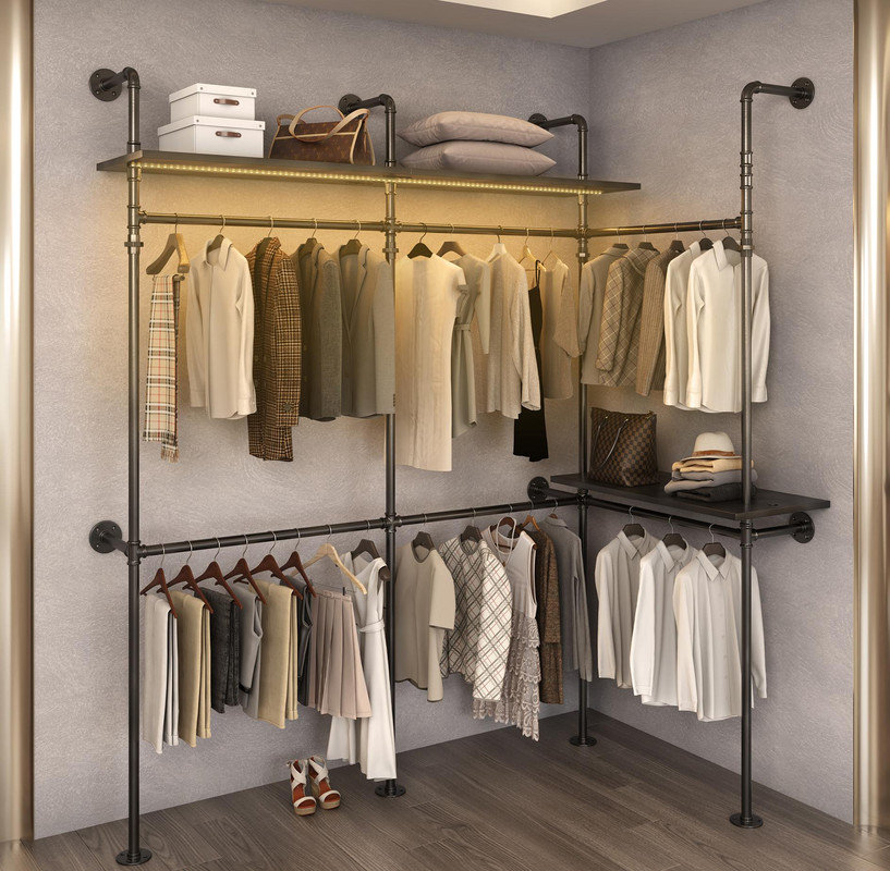 17 Stories Black Industrial Pipe Clothing Rack - 118.3'' Reversible ...