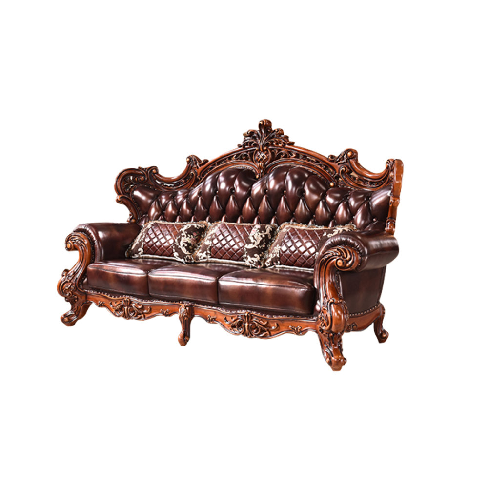 Romero American Retro Solid Wood Carved Sofa 94.49'' Genuine Leather ...