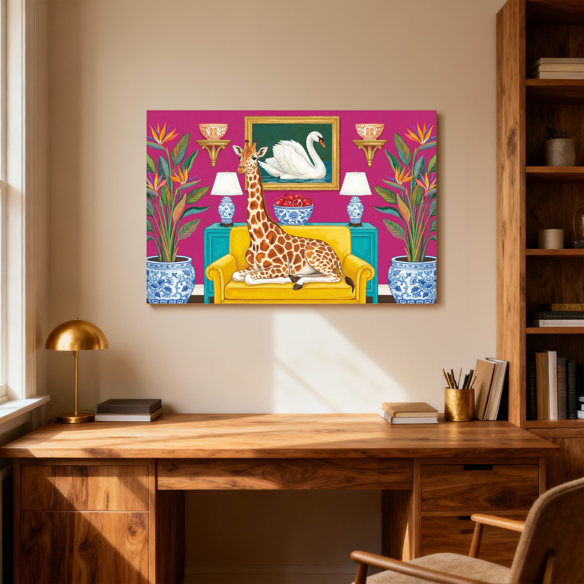 East Urban Home Animals Giraffe On Yellow Couch With Swan Art | Wayfair