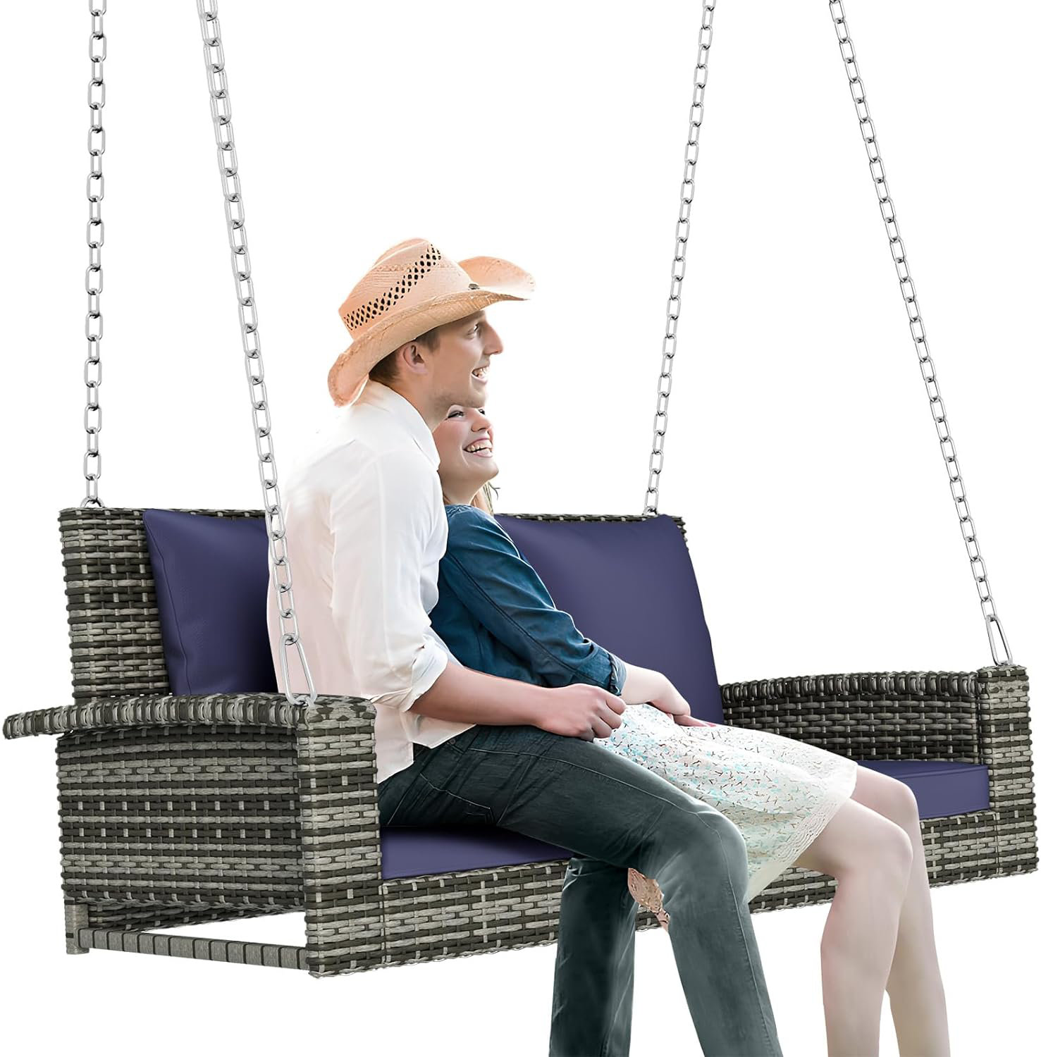 Ebern Designs Porch Swing Bed 2 Person Hanging Bench - Outdoor Wicker Porch Swing Chair With ...