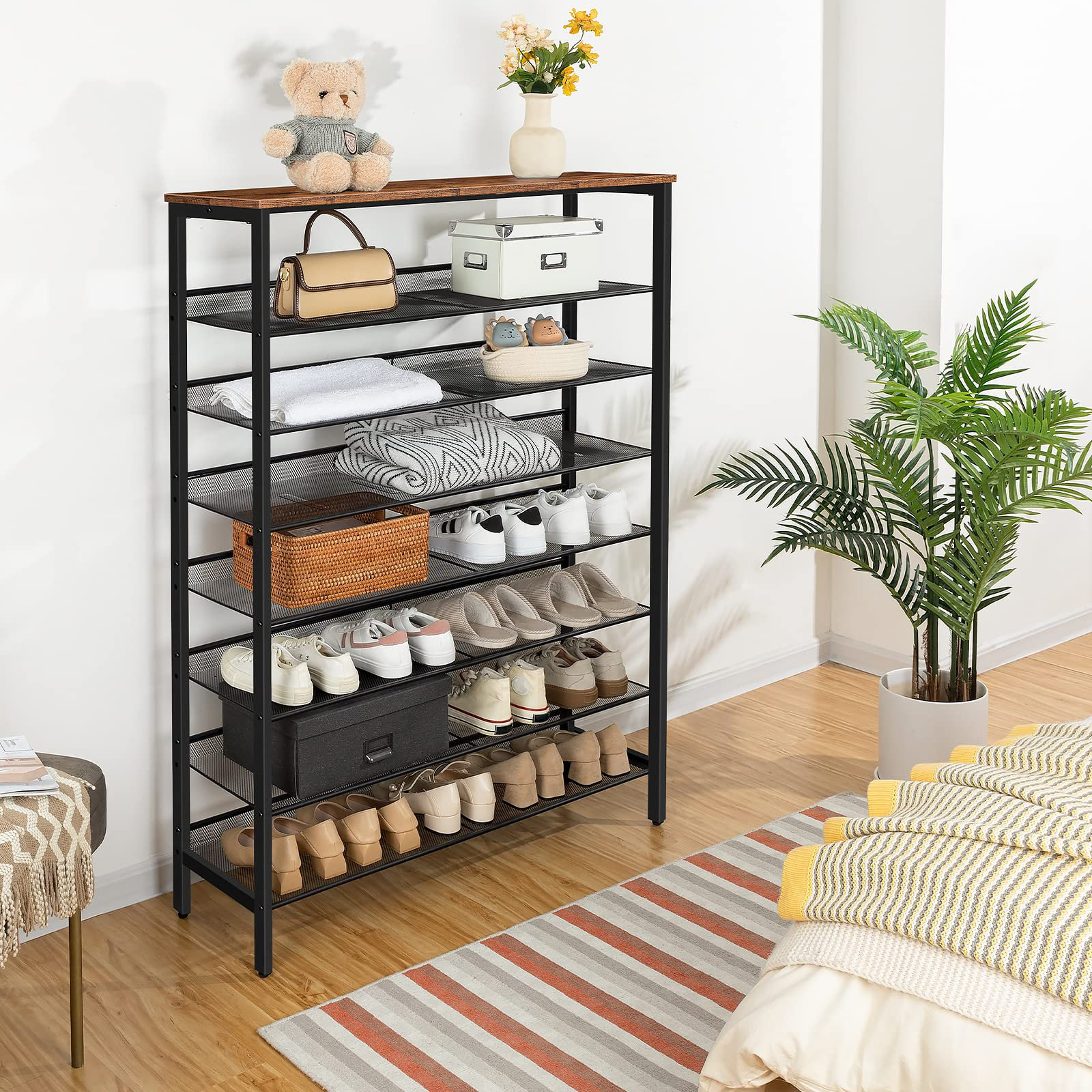 Borough Wharf 25 Pair Shoe Rack 8 Tier Rustic Brown Industrial Hallway ...