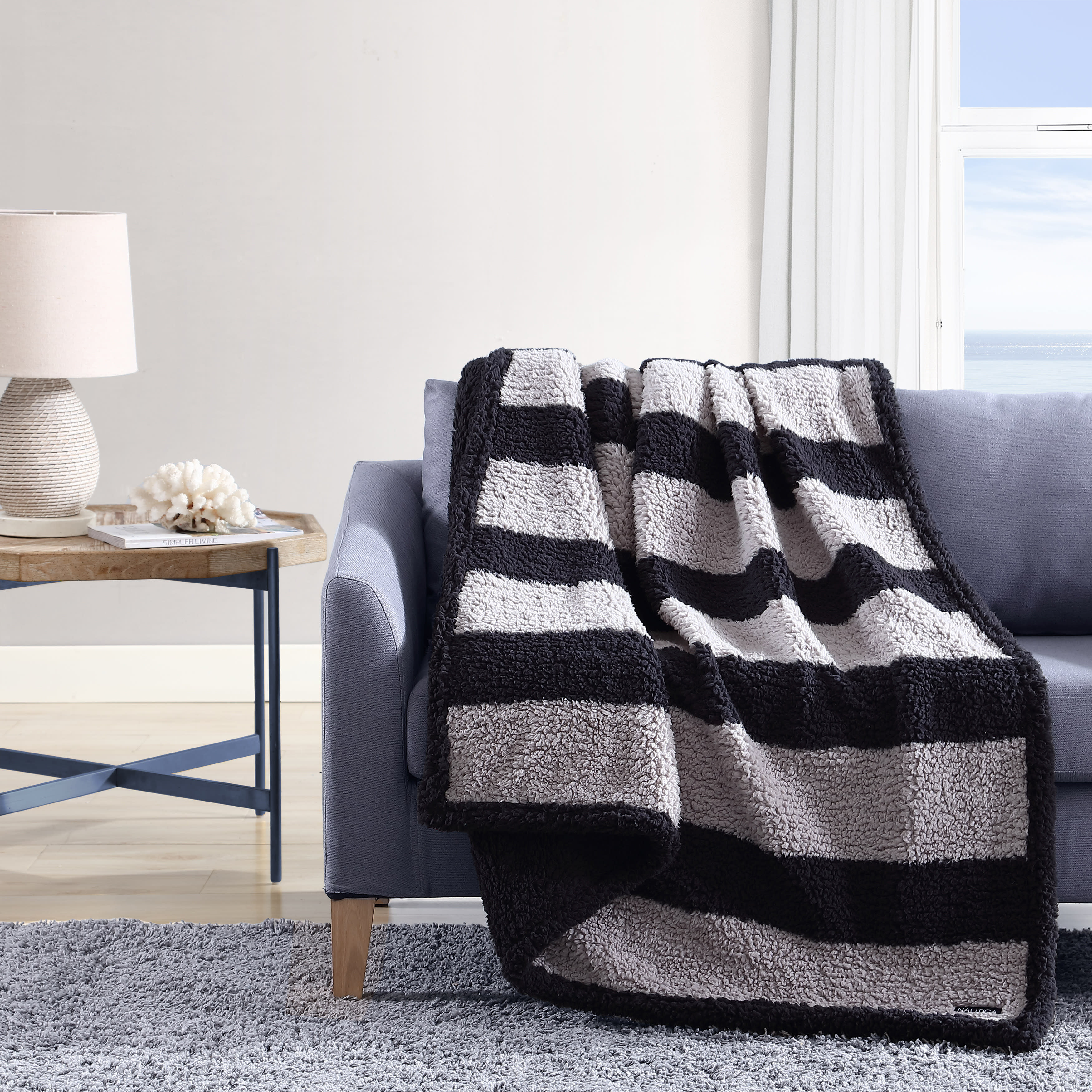 Nautica Lawndale Ultra Soft Plush Sherpa Striped Throw Blanket ...