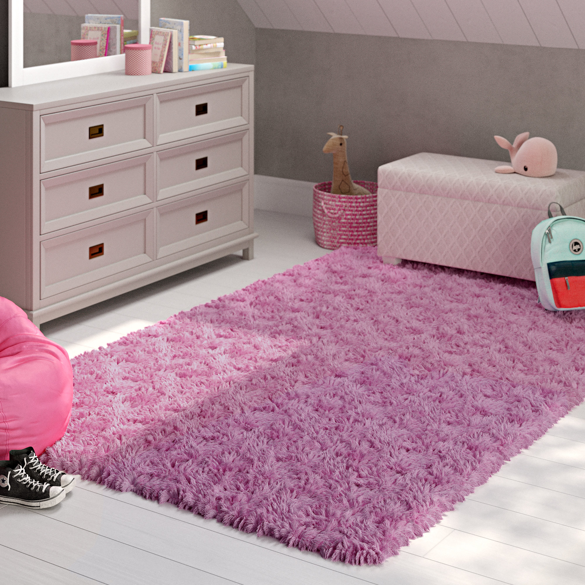 Ebern Designs Alamin Flokati Wool Shag Hand Loomed Lilac Purple Rug ...