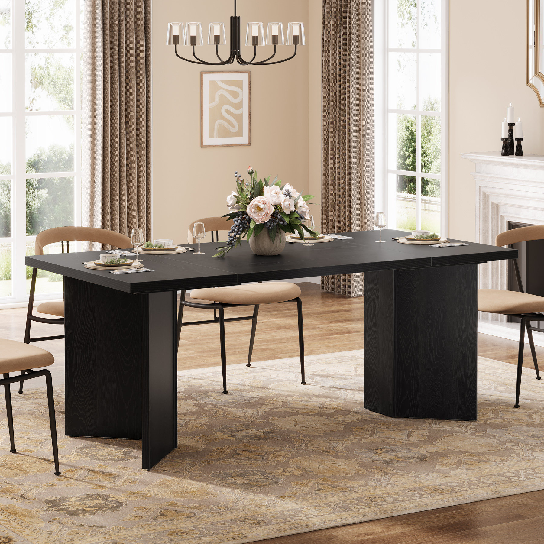 Ebern Designs 63-Inch Large Black Wood Dining Table For 4-6, Modern ...