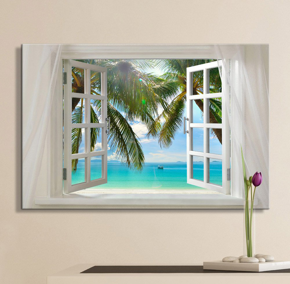 IDEA4WALL " Glimpse Beautiful Tropical Beach With Palm Tree Open Window ...
