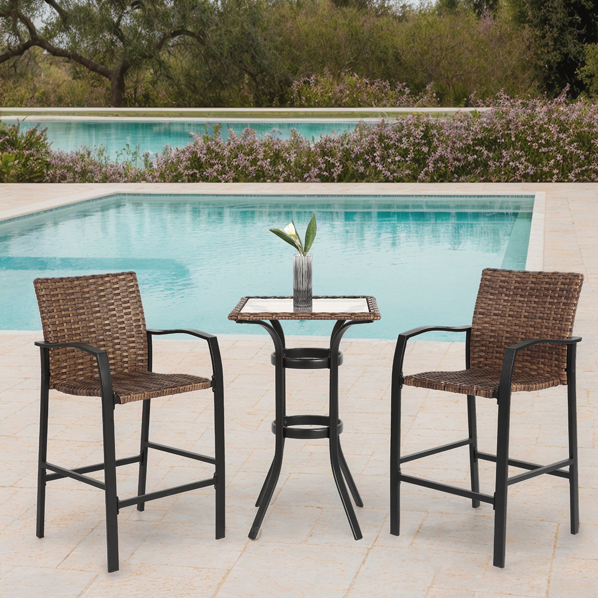 Latitude Run® Outdoor Rattan Bar Stools Set with Glass Table, Ideal for ...