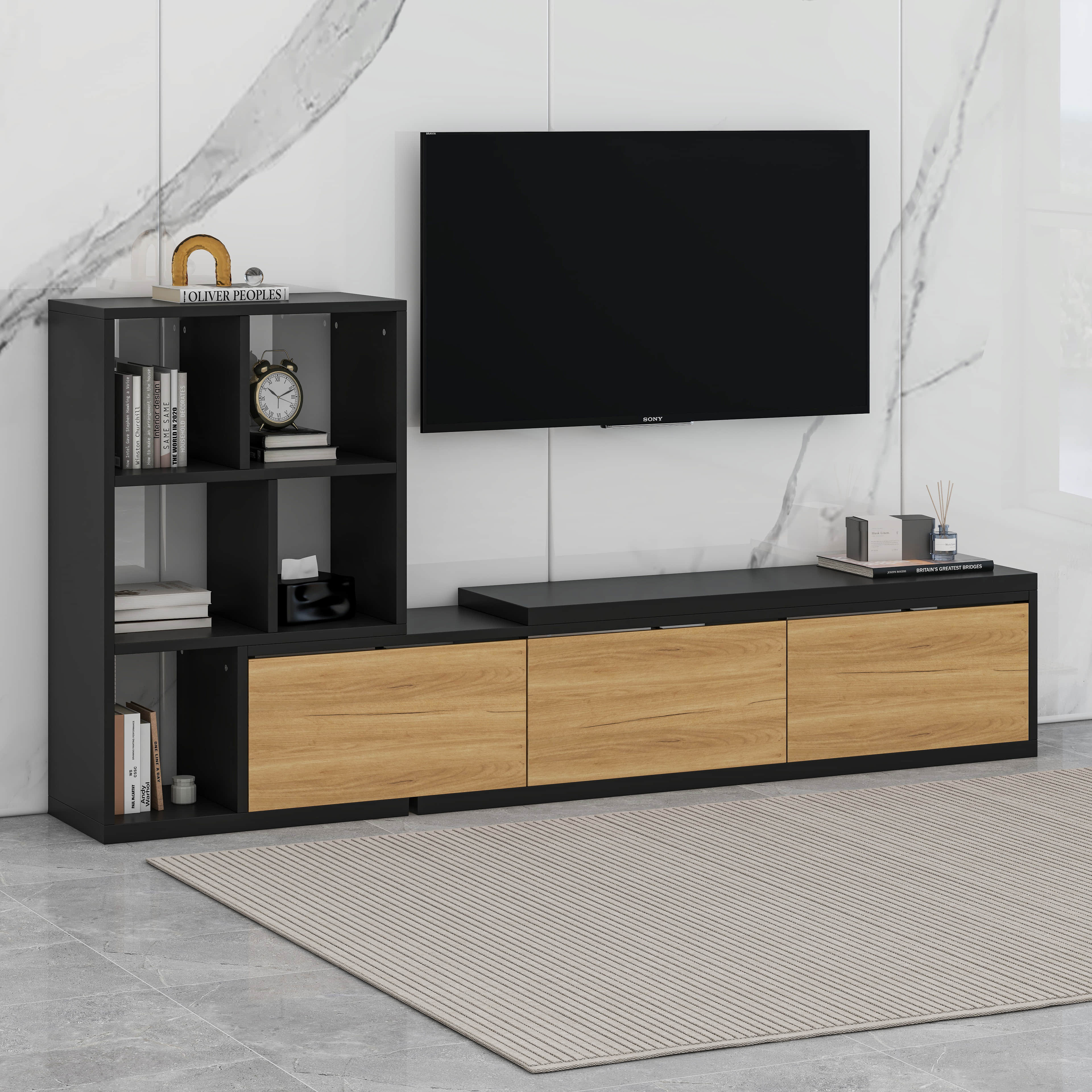 Cosmic Extendable TV Stand With 3 Tier Bookshelves, Storage Cabinets ...