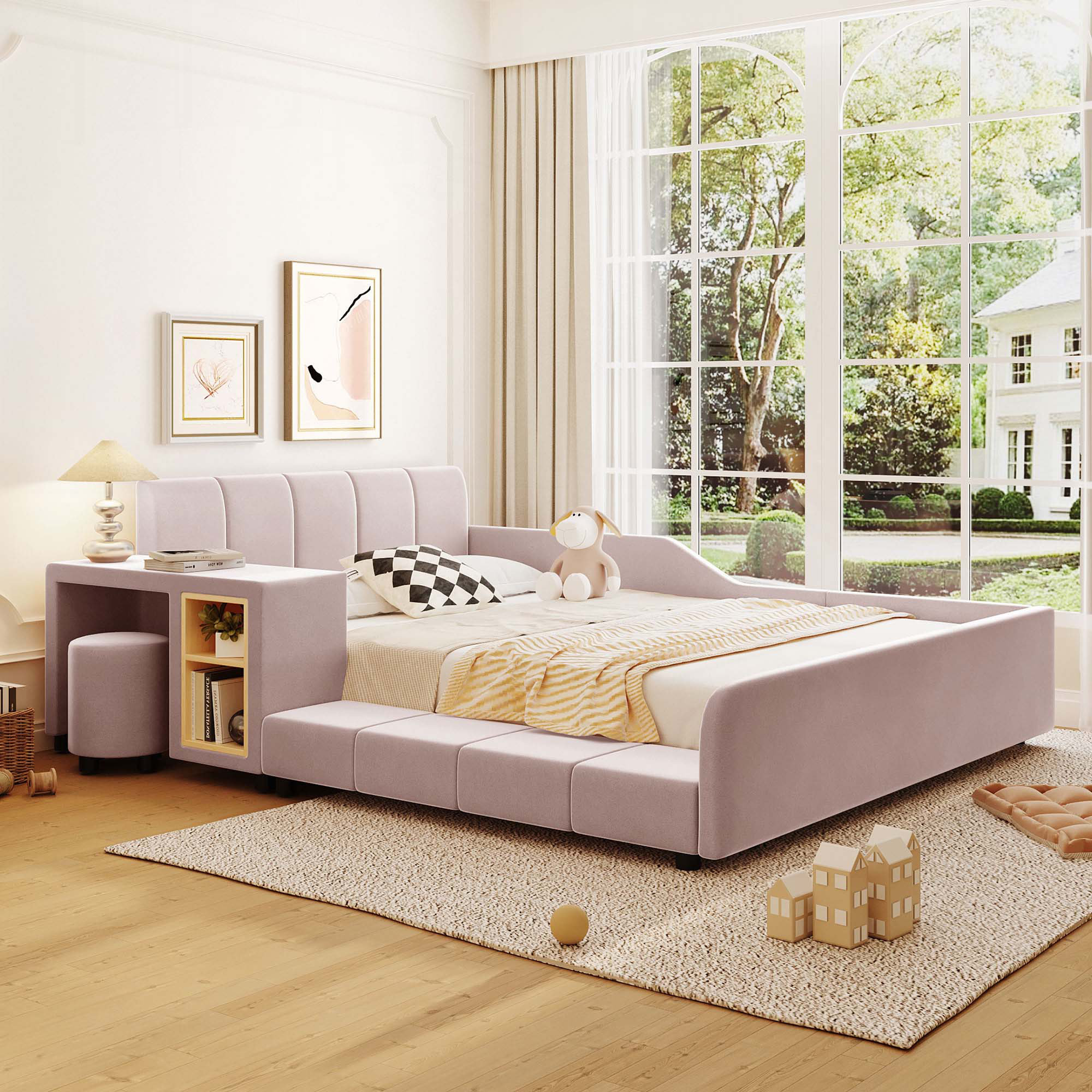 Latitude Run® Velvet Upholstered Grounded Bed, Mother & Child Bed with ...