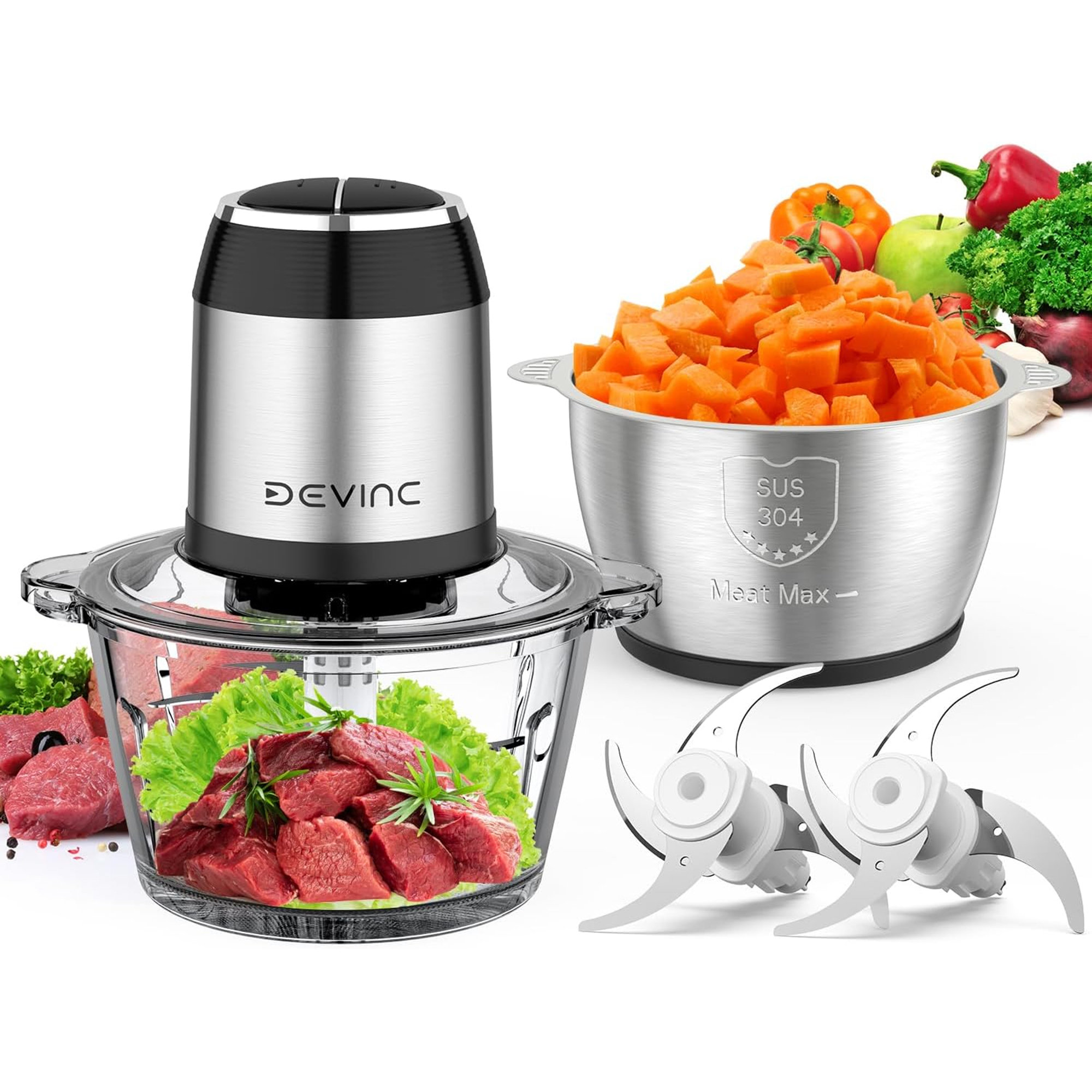 KIBNOF Food Processors, Mini Meat Grinder & Veggie Chopper with 2 Bowls ...