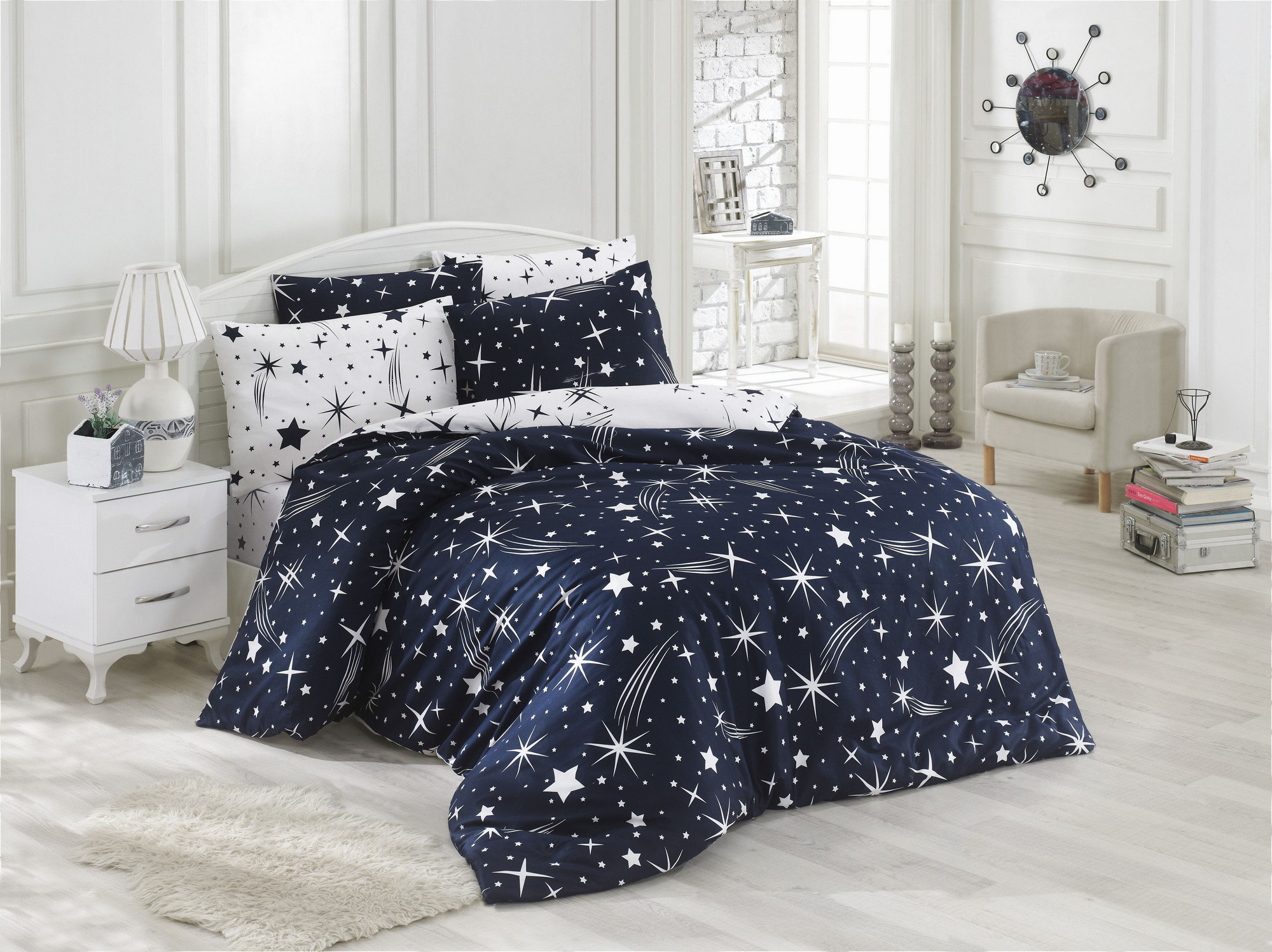 Asir Group INC Bosley Dark Blue/White Cotton Blend 3 Piece Duvet Cover ...