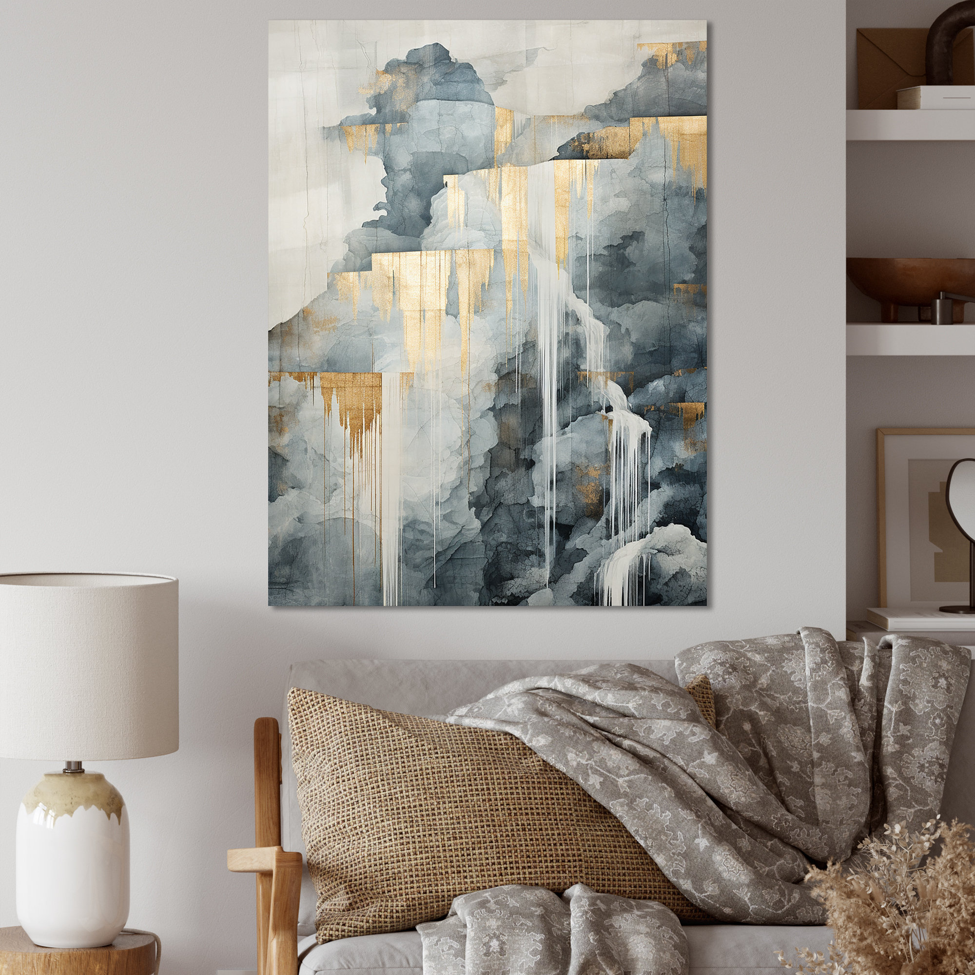 Design Art Gold And Grey Waterfall Adventure Scene - Waterfall Wall Art ...