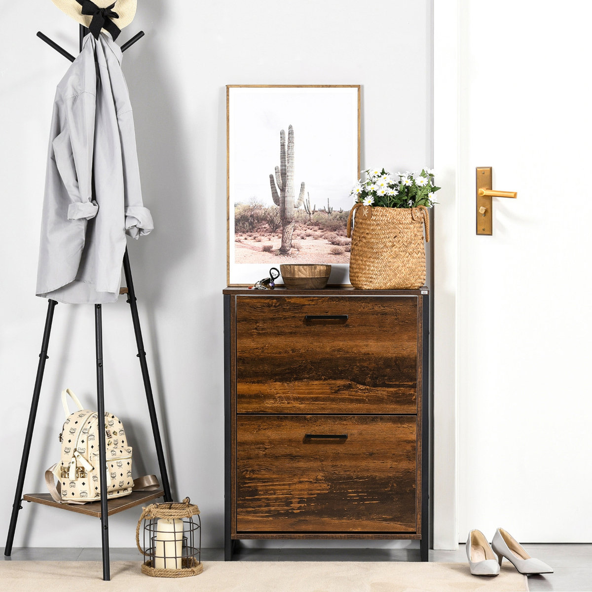 17 Stories Industrial Shoe Cabinet With 2 Flip Drawers | Wayfair