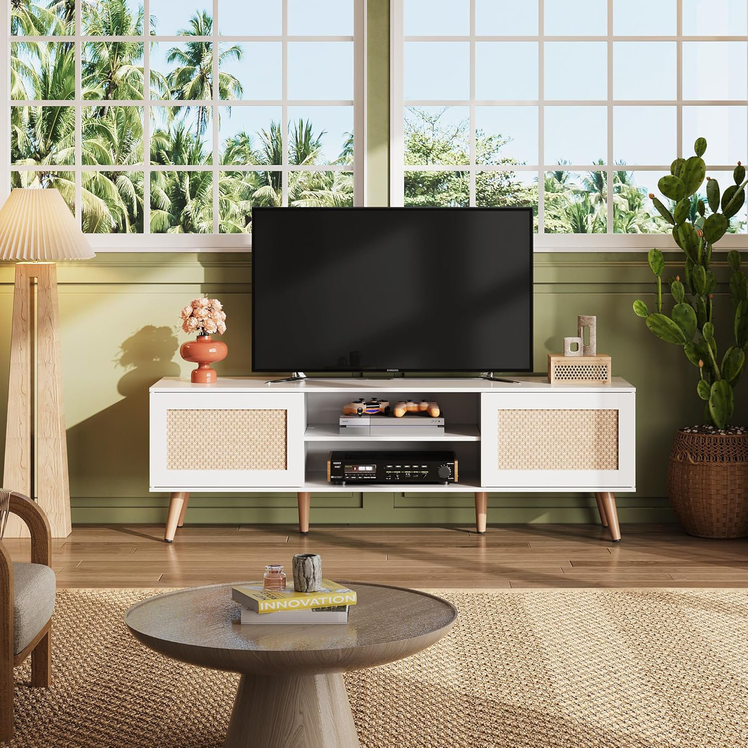 Bay Isle Home™ TV Stand For 65 Inch TV, 58" Boho Entertainment Center ...