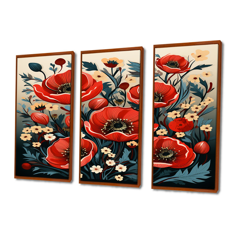 Design Art Red Poppies In The Meadow Retro Illustration - Poppy Wall ...