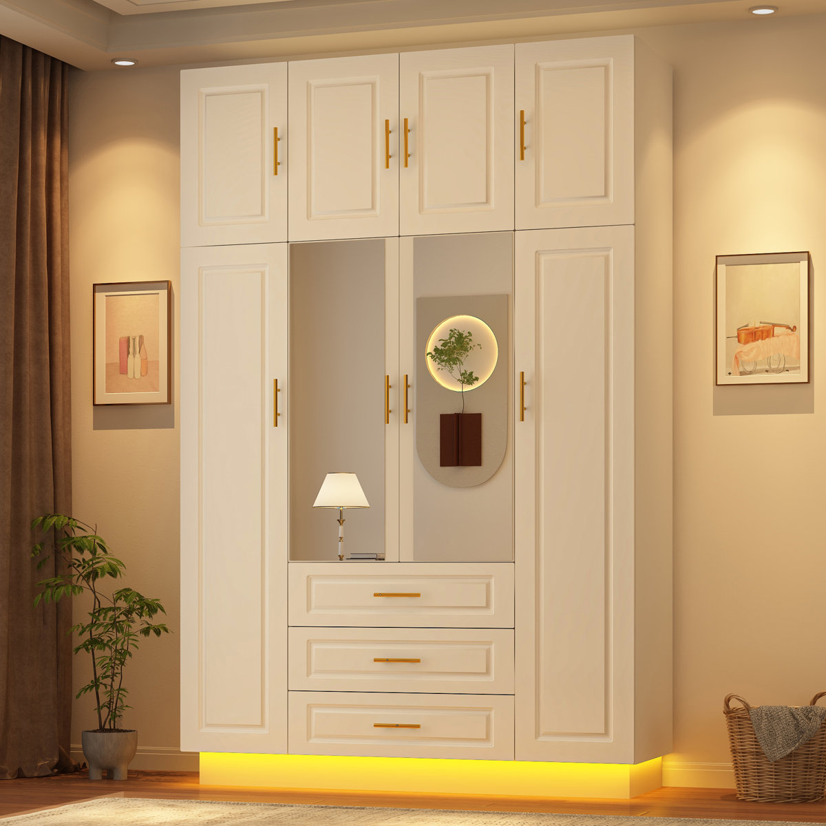 Mercer41 4 Door LED Armoire Wardrobe Closet With Mirror, 90.6 ...