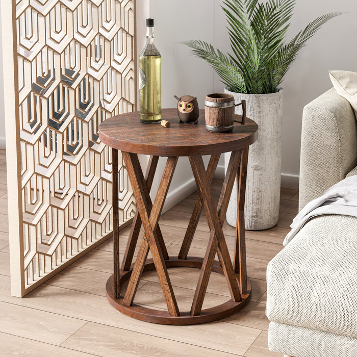 Gracie Oaks Viradis Farmhouse End Table, Rustic Round Side Table with X ...