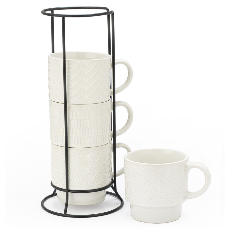 Ebern Designs White Embossed Stackable Coffee Mug Set with Rack | Wayfair