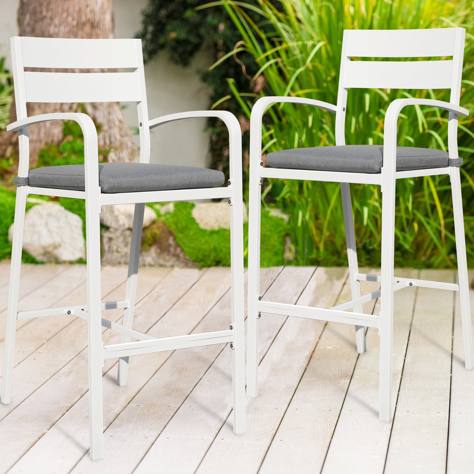 17 Stories Skookum Metal Outdoor 28.7'' Bar Stool with Cushion | Wayfair