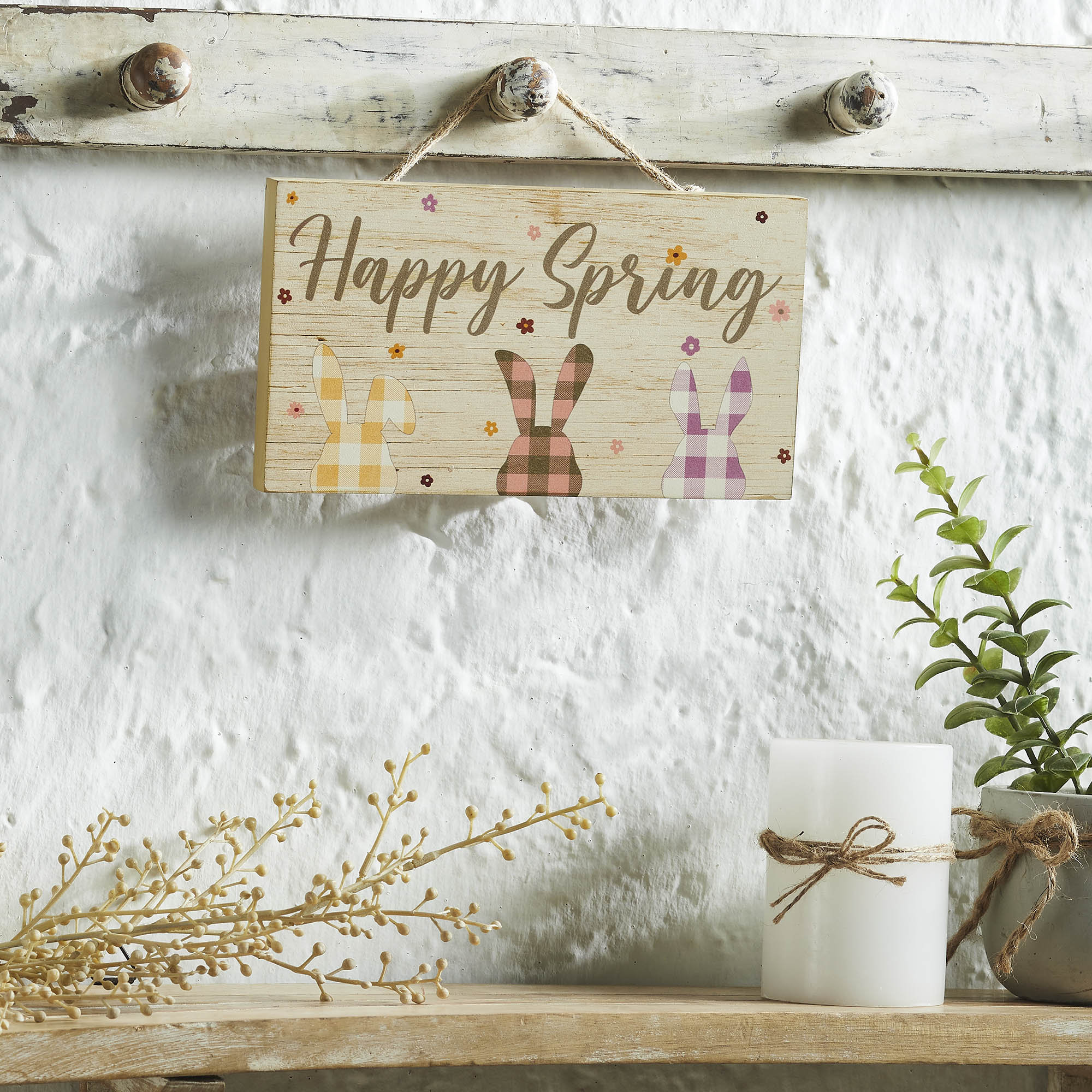 VHC Brands Bunny Hop Happy Spring 3 Bunnies In Check MDF Wall Sign w ...