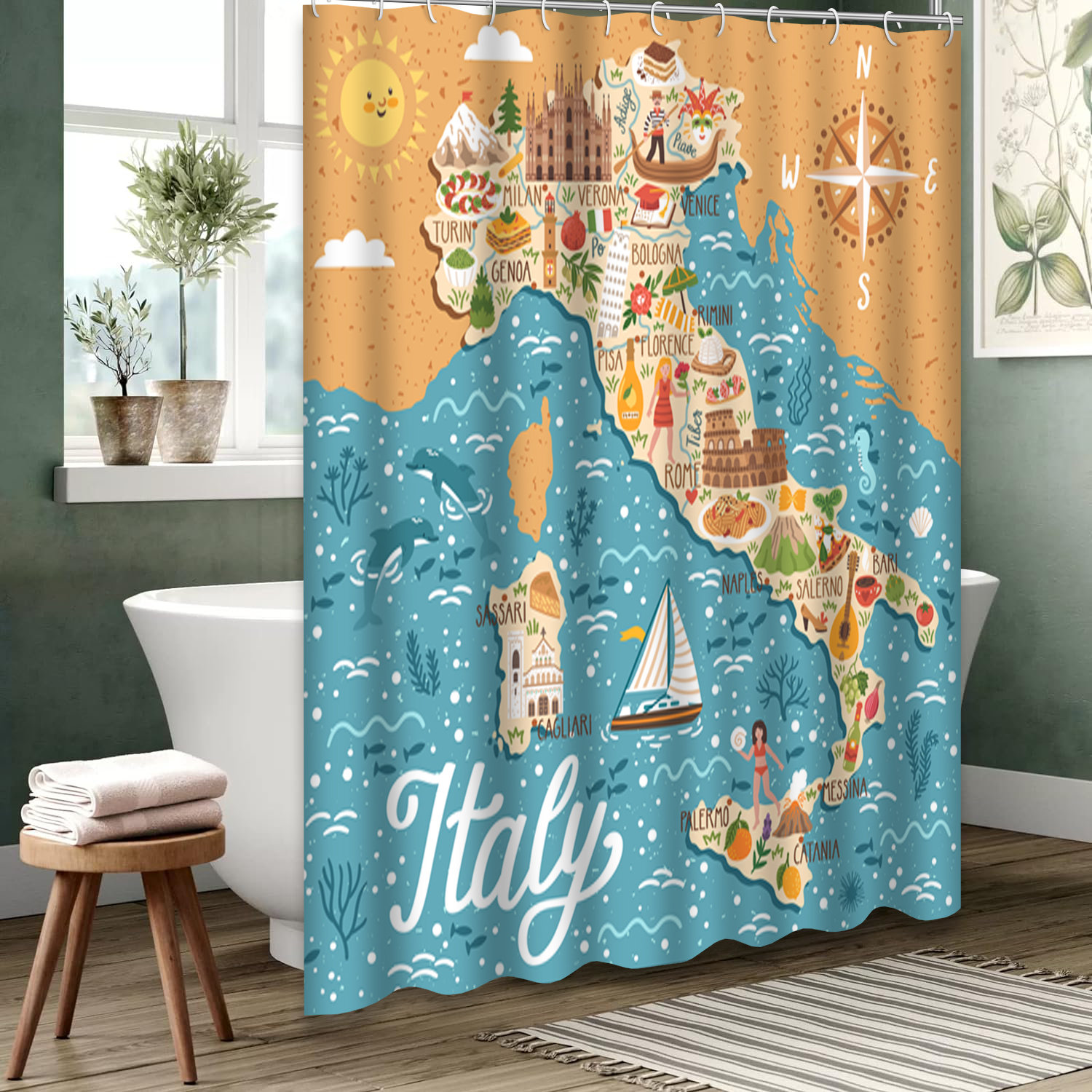 East Urban Home Olive Sea Waterproof Shower Curtain,Map Italy Travel ...