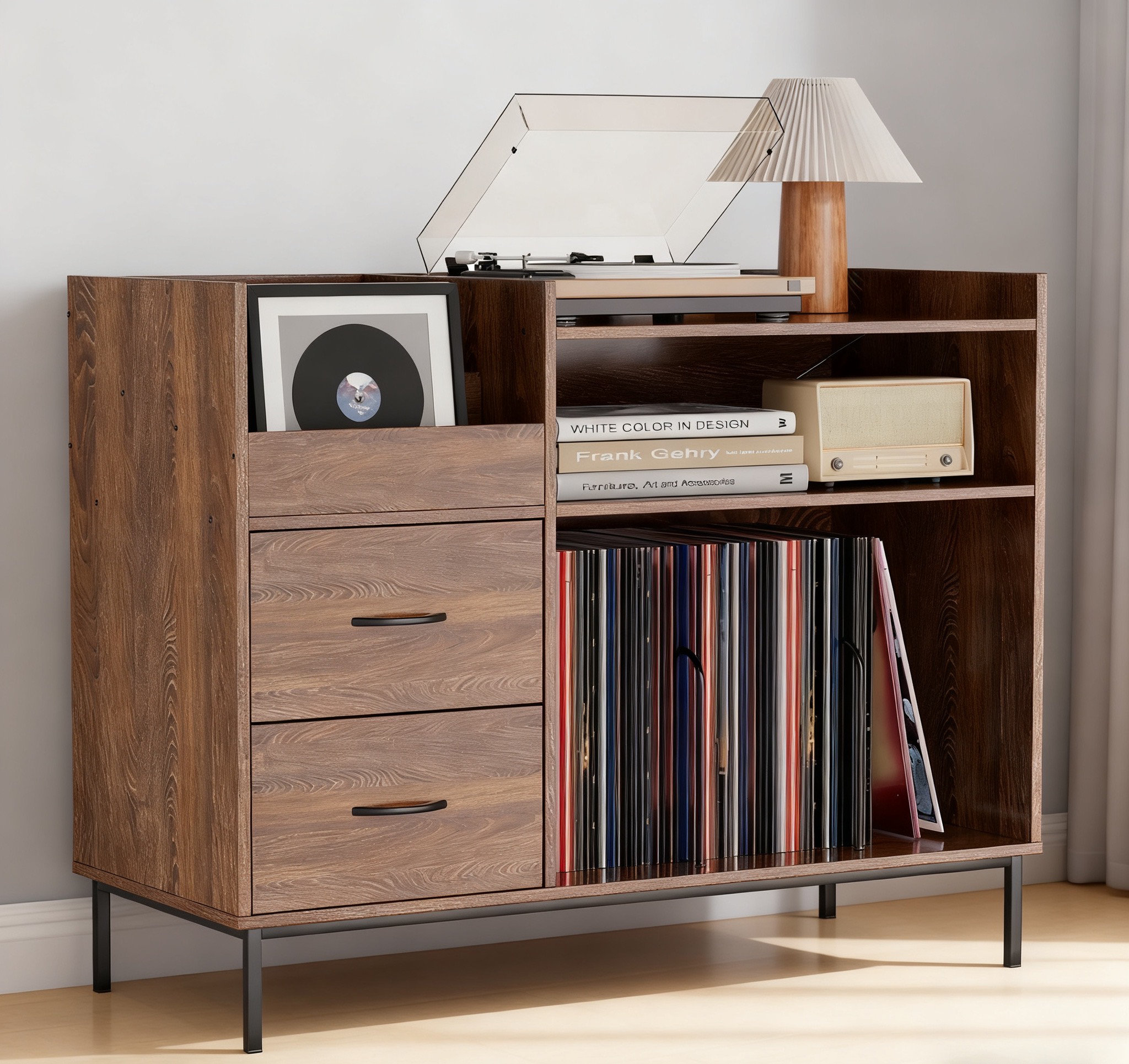 17 Stories Record Player Stand With Power Outlet & Flip-Down Lid ...