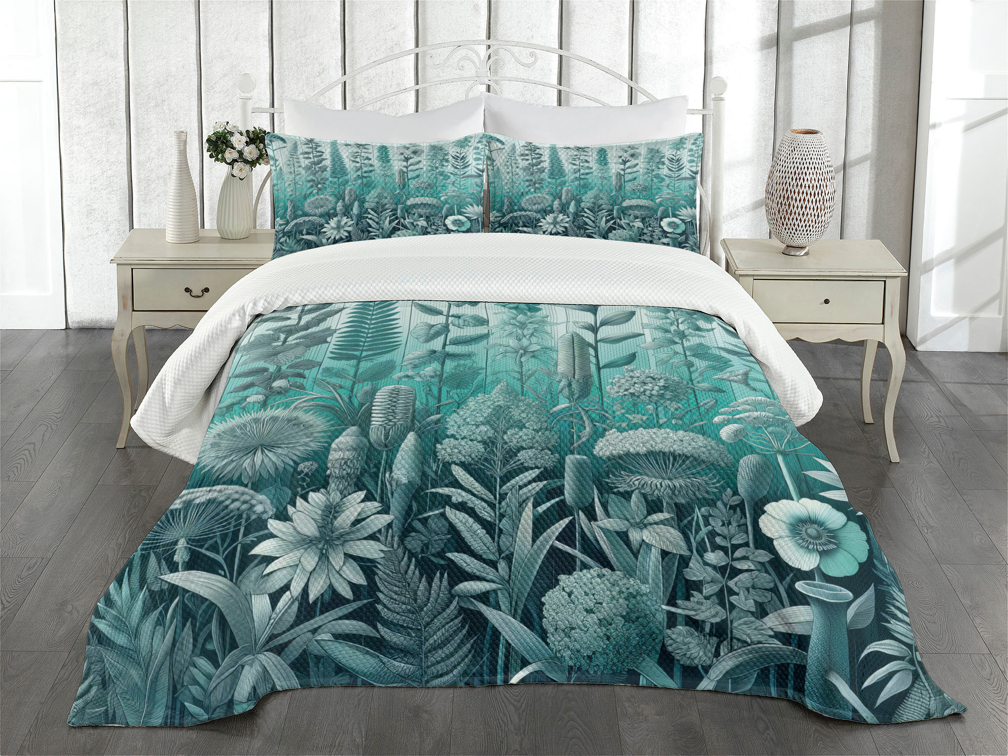 Ambesonne Turquoise Bedspread Set Botany Thisle Floral Art Pale Teal ...