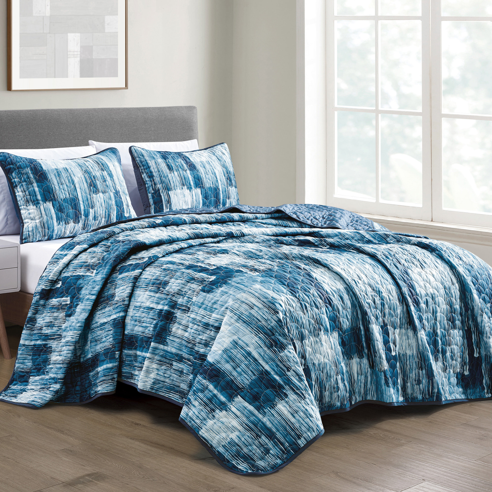 ESCA Blue Microfiber 3 Piece Coverlet / Bedspread Set & Reviews | Wayfair