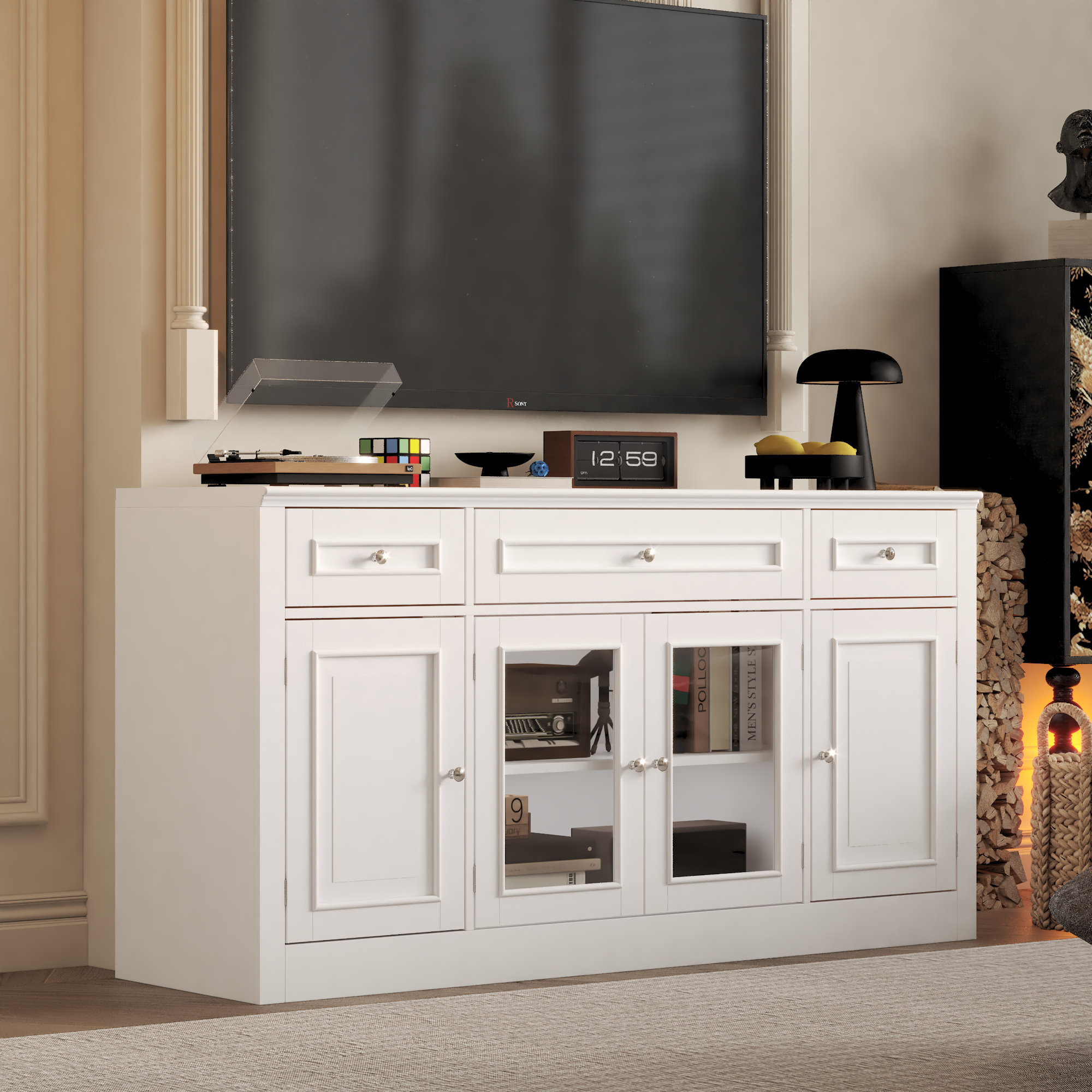 Red Barrel Studio® 57'' W 3-Drawer TV Stand Media Center With Glass ...