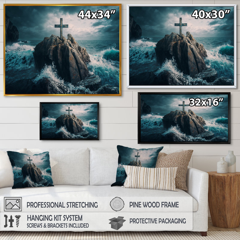 Dovecove Religious Cross in the Ocean Breaking Waves I - Floater Frame ...
