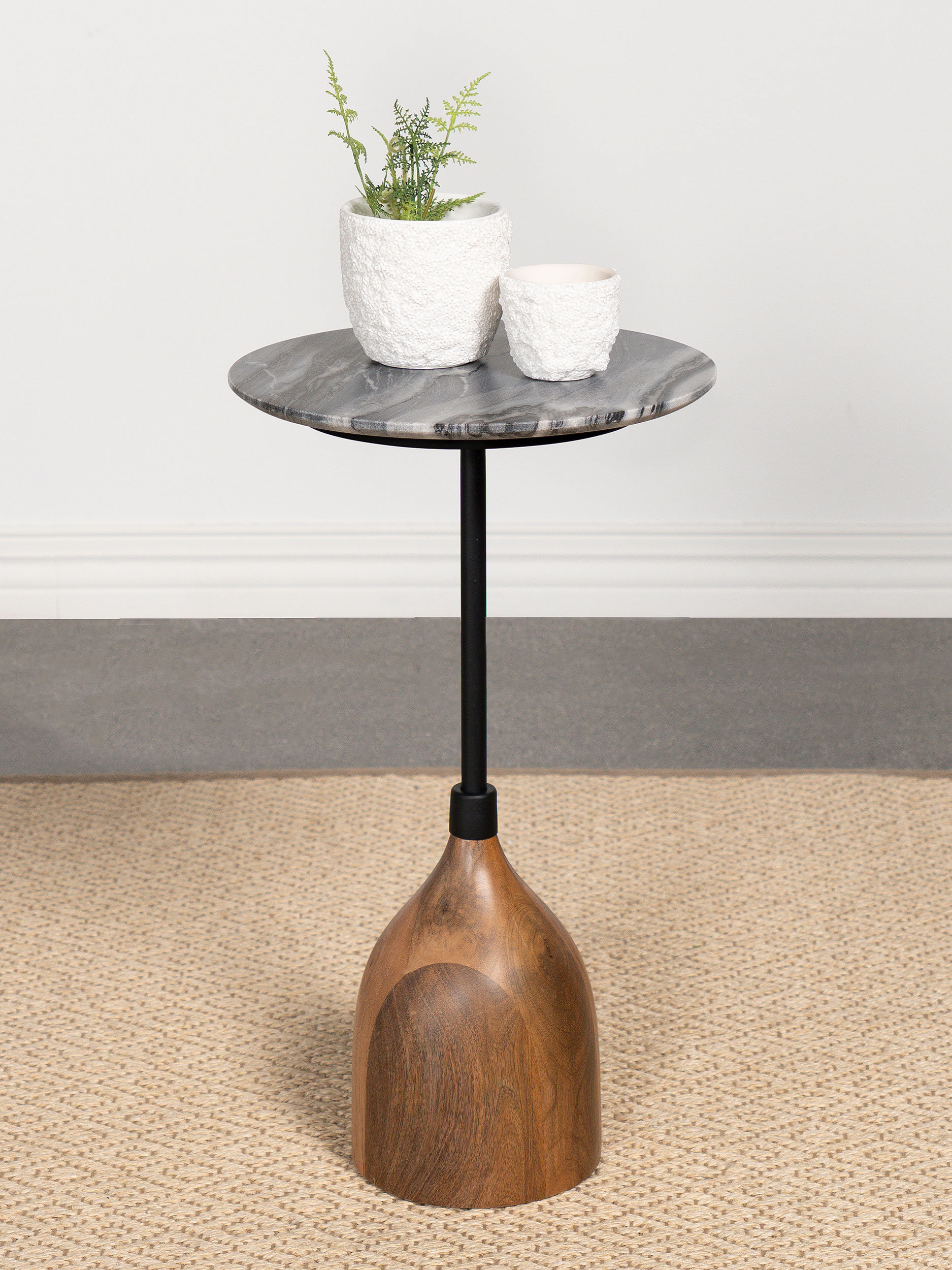 Orren Ellis Morrine Side End Drink Table, Round Gray White Marble Top ...