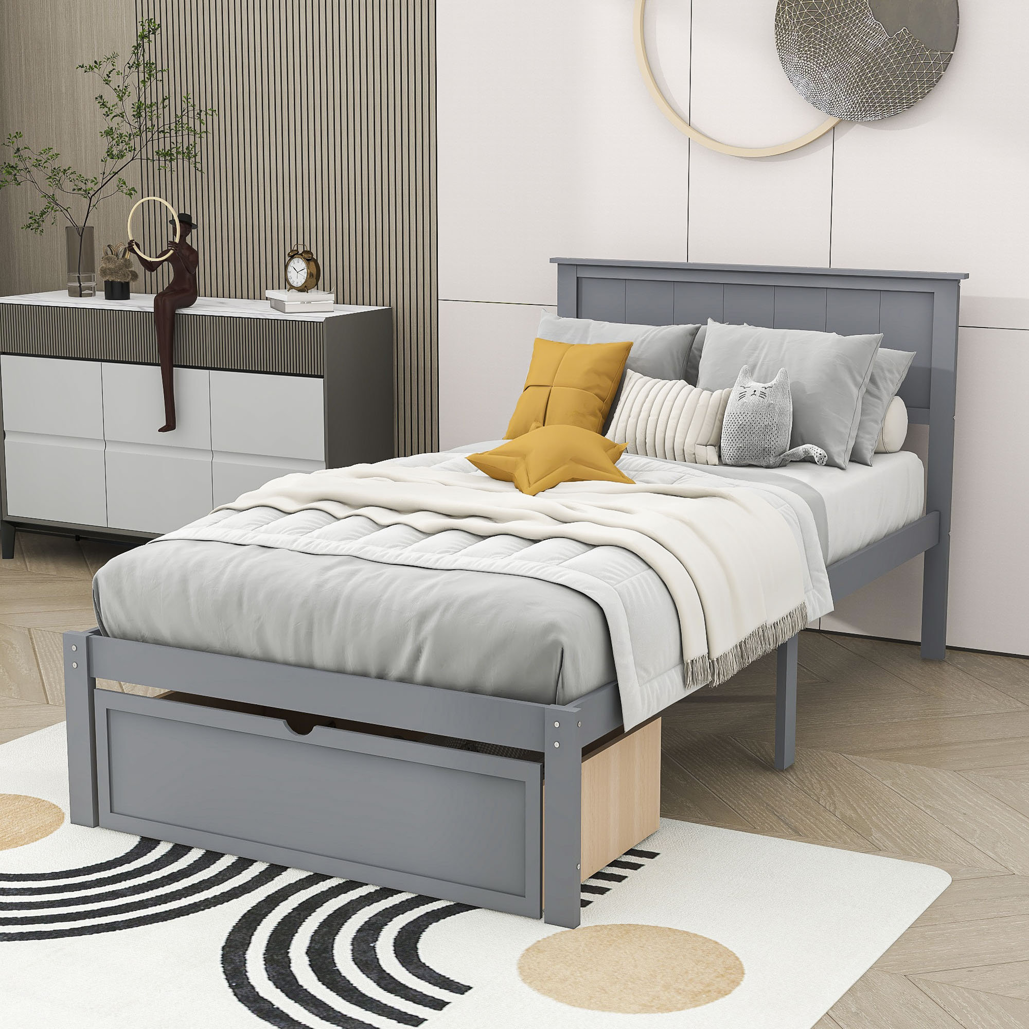 Harriet Bee Lit plateforme simple en bois avec tiroir de rangement ...