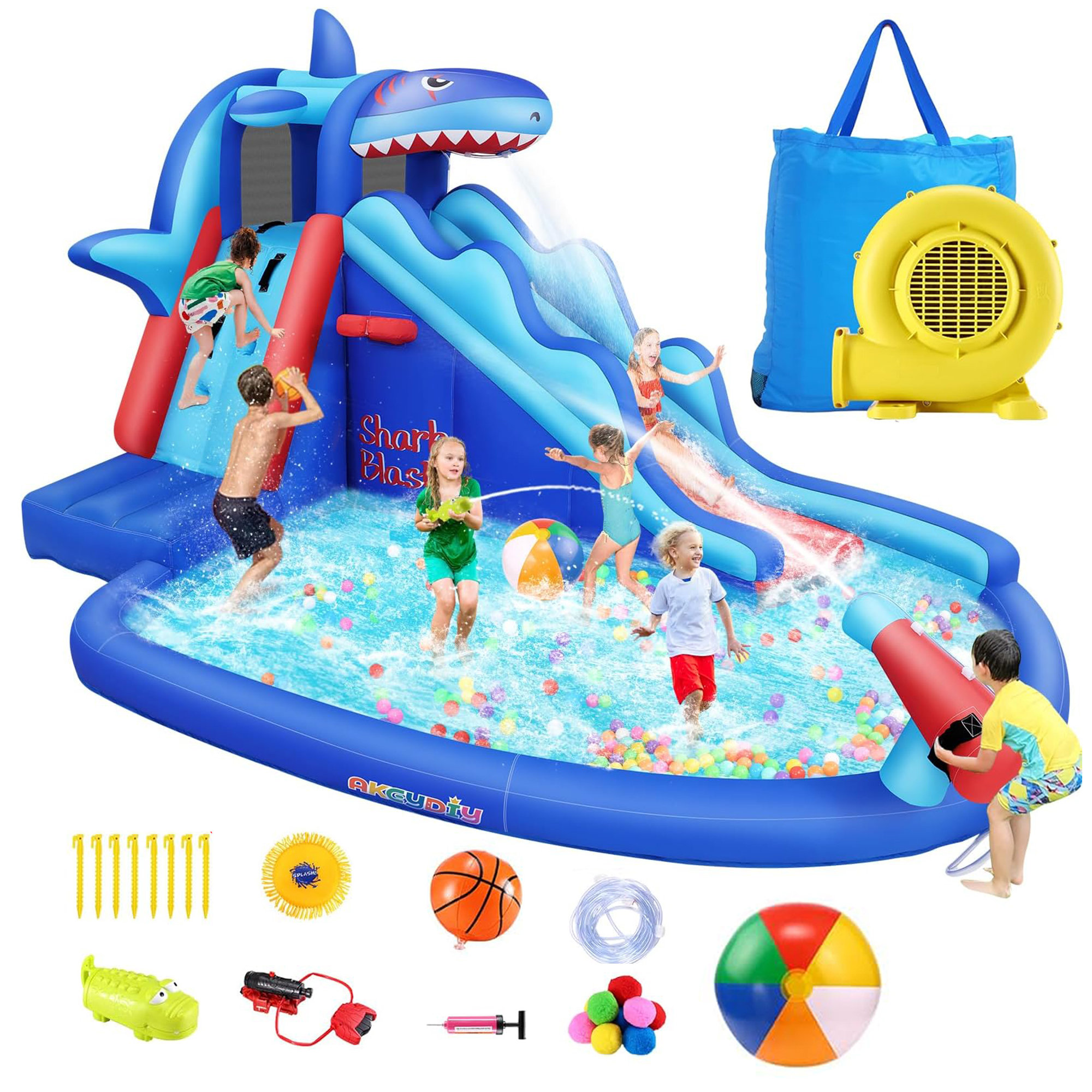 DreamDwell Home 12.2Ft X 8.4Ft Inflatable Water Slide, Shark Bounce ...