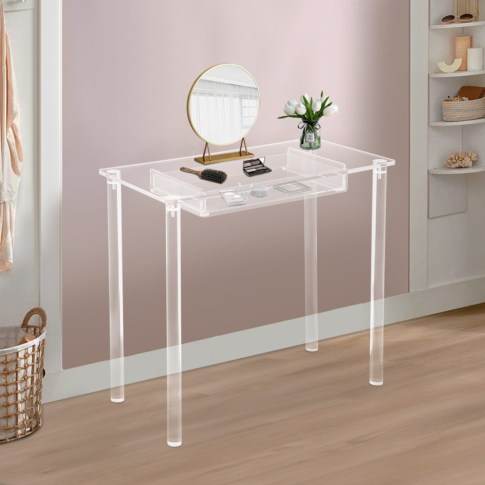 Ivy Bronx Clear Acrylic Small Makeup Table With Drawer | Wayfair