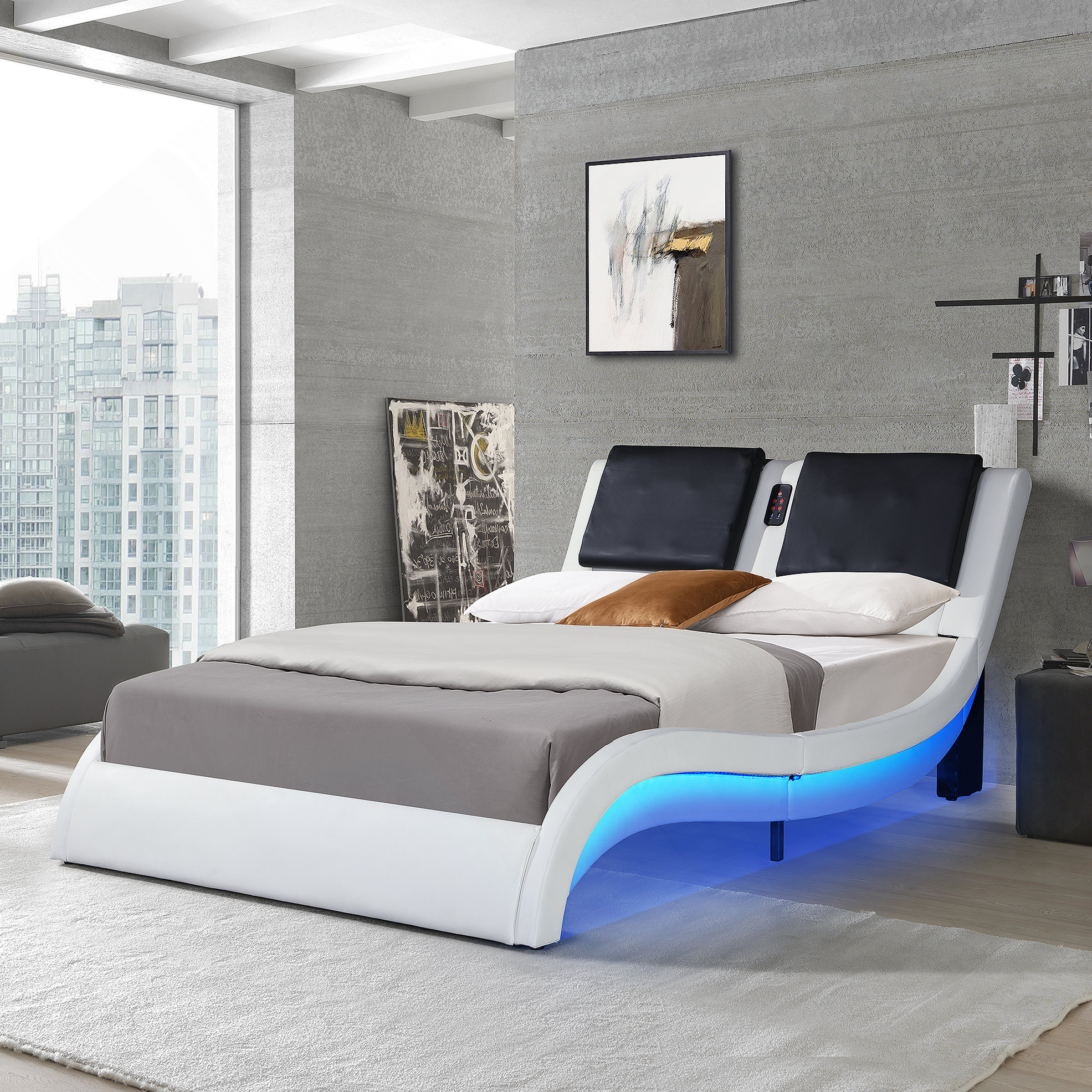 Mercer41 Upholstered Platform Bed Frame with led, Bluetooth connection ...