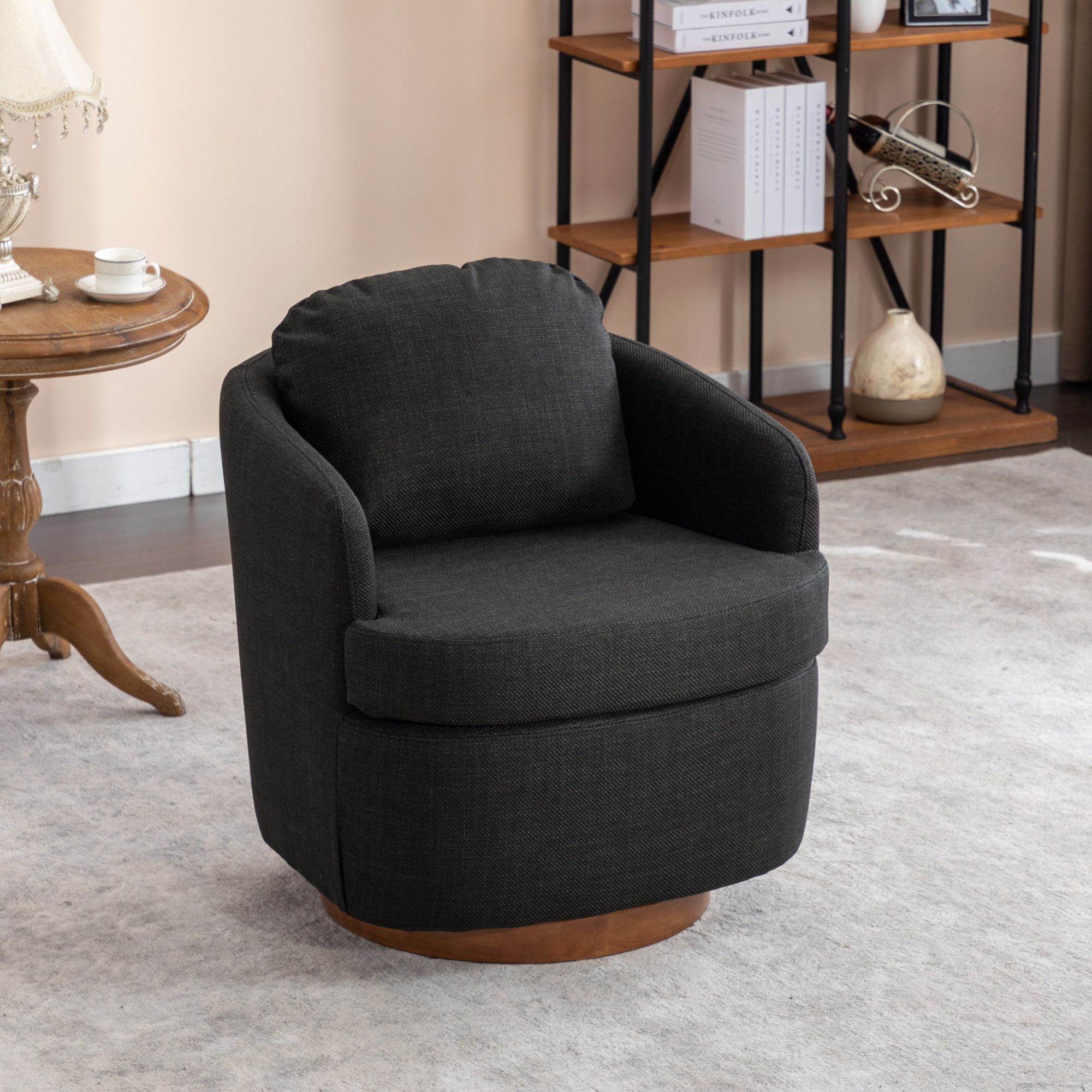 George Oliver Fabric Swivel Accent Chair With Soild Wood Round Brown ...