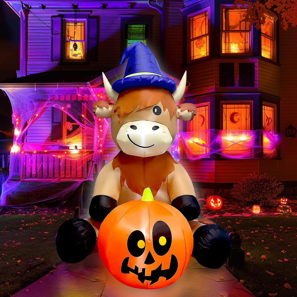 The Holiday Aisle® 5FT Halloween Inflatable Witch Hat Highland Cow ...