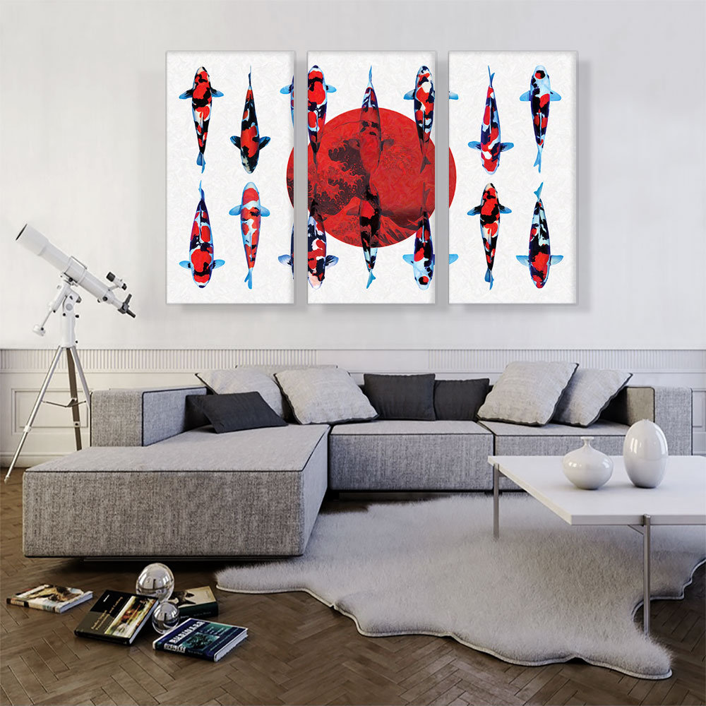 ARTCANVAS Red Orange Koi Carp Fish Japan Flag - 3 Piece Wrapped Canvas ...