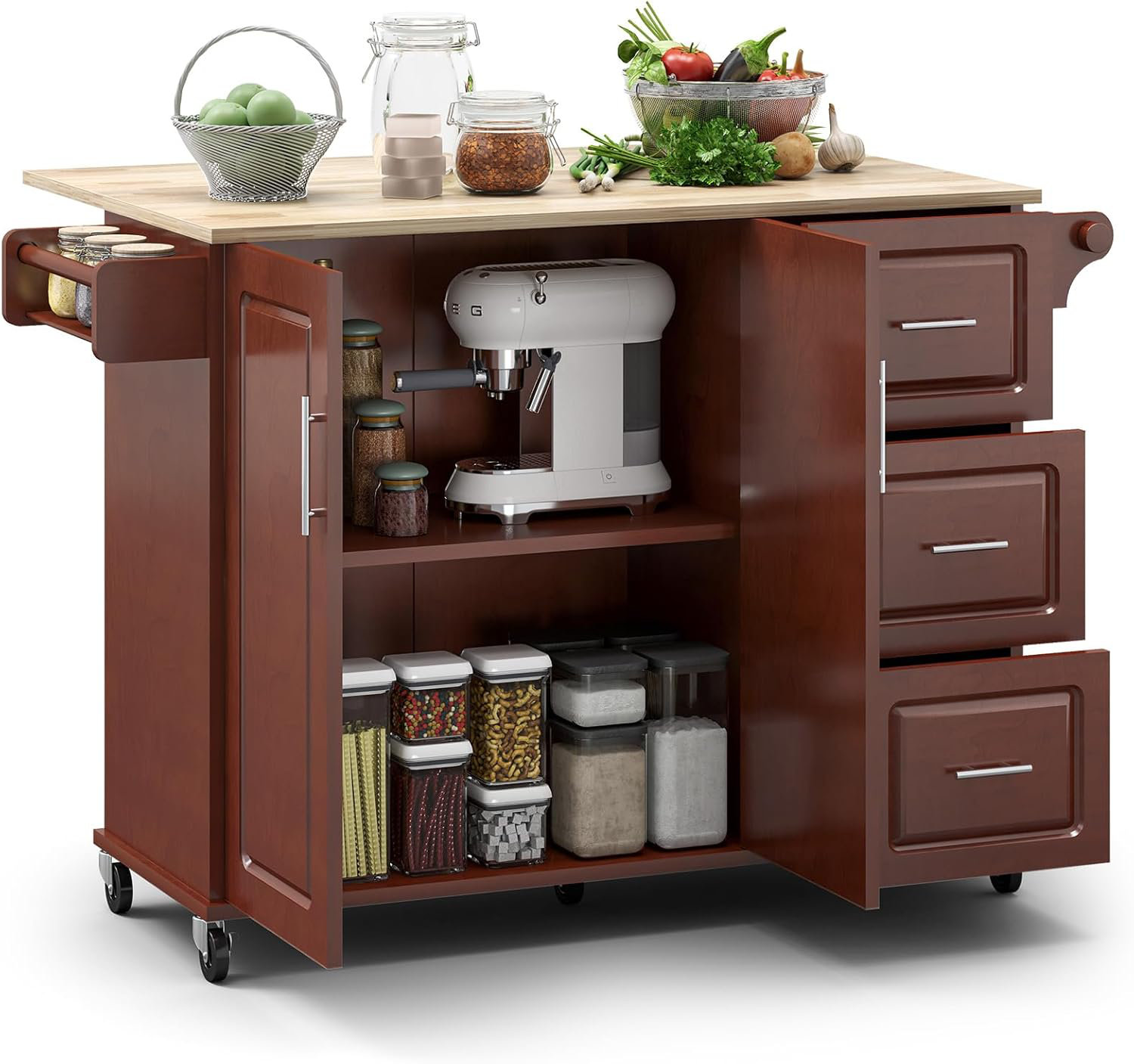 17 Stories 53" Large Rolling Kitchen Island Cart With Drop Leaf, 3 ...