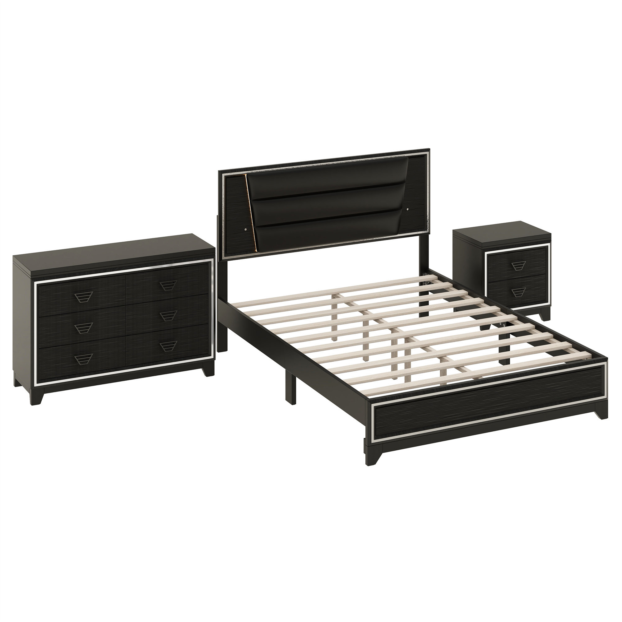 Ivy Bronx 3-Pieces Bedroom Sets Upholstered Bed With LED Lights ...
