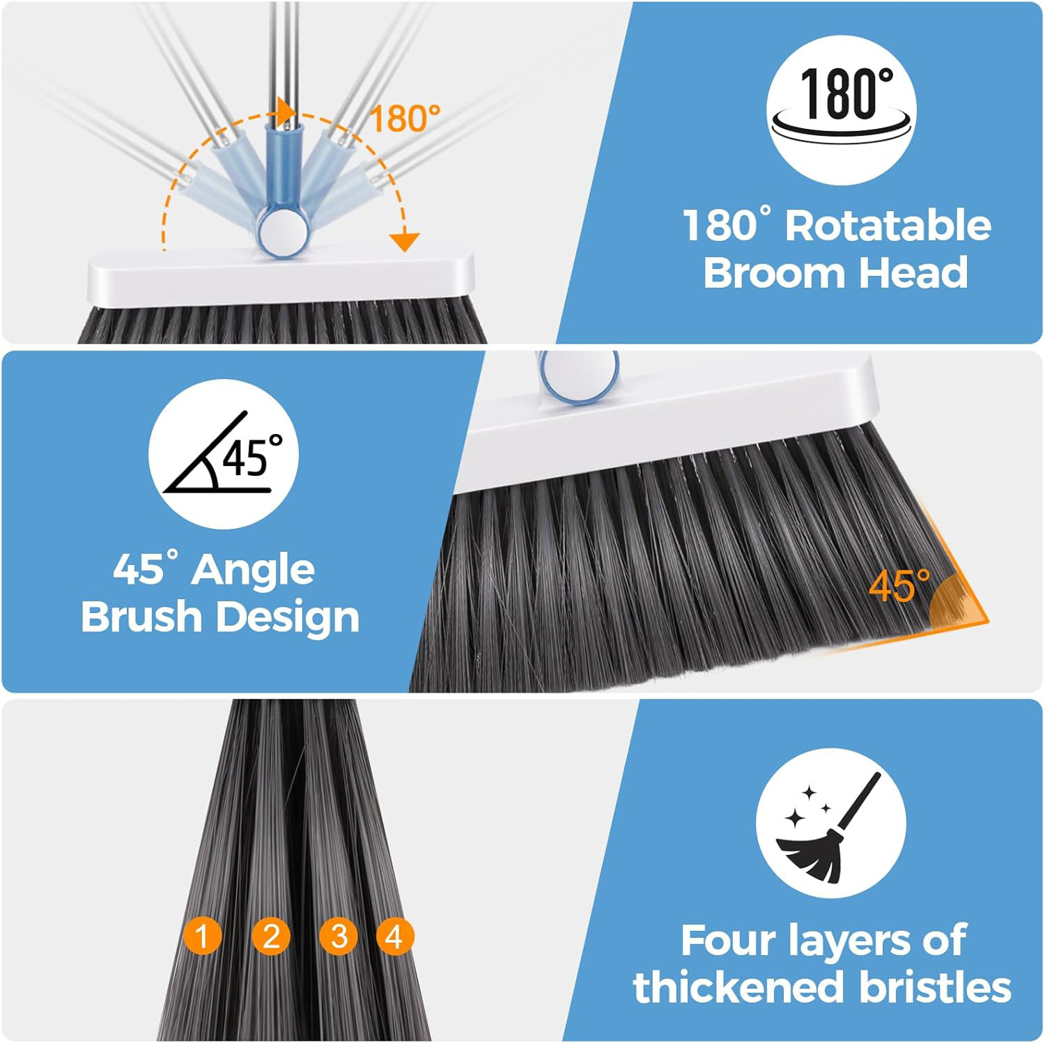 Umedas Broom and Dustpan Set, Long Handle Lightweight 180 Degree ...
