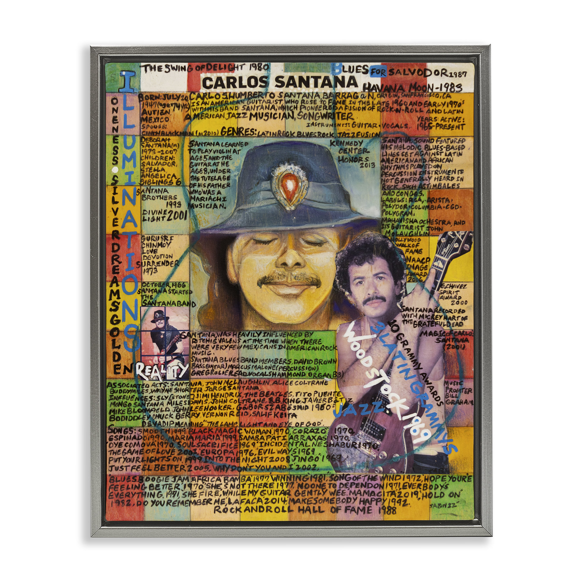 Trinx Carlos Santana Collage Gray Framed Floater Canvas Wall Art by ...