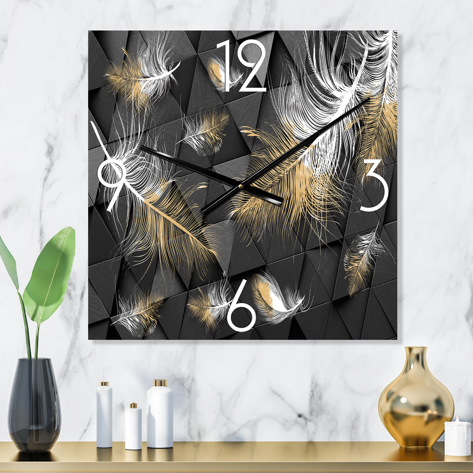 East Urban Home White and Gold Feathers on Triangular - Modern Wall ...